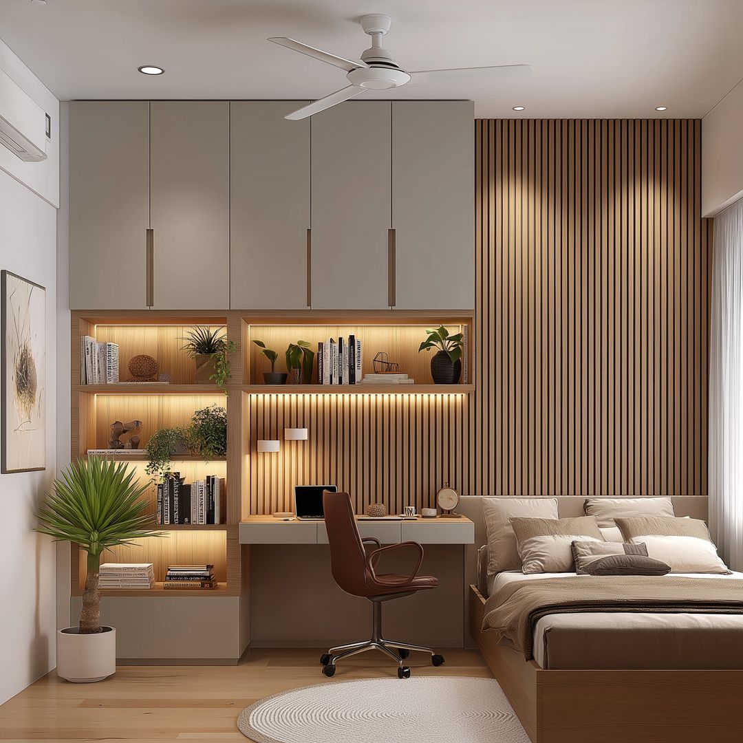 Contemporary Kids Bedroom Design with Study Desk, Wooden Paneling and ...