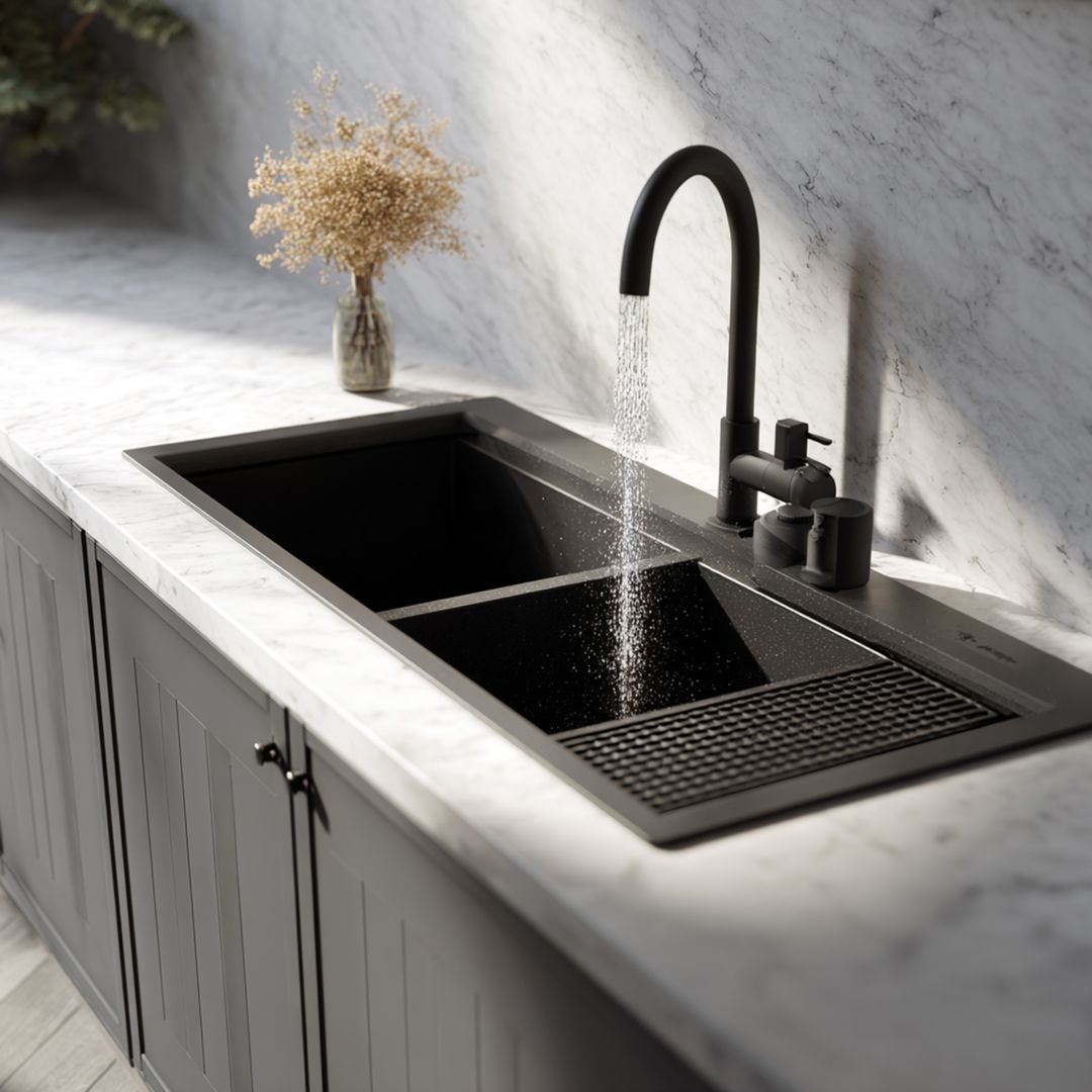 Top-Mount Granite Kitchen Sink Design with Dual Bowls and Drainboard ...