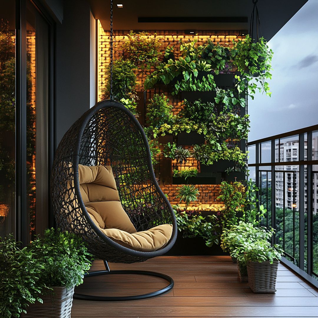 Balcony Design with Tropical Vertical Garden, Hanging Chair, and Warm ...