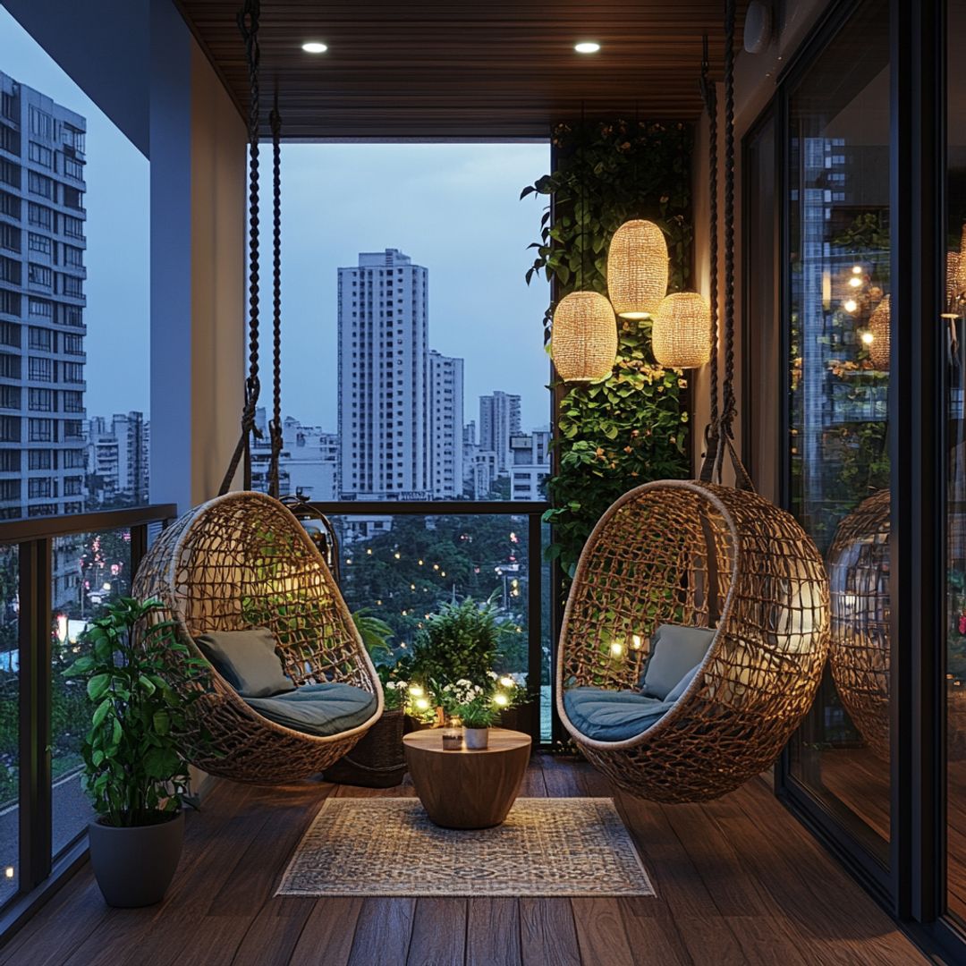 Modern Balcony Design with Vertical Garden, Rattan Swing Chairs and ...