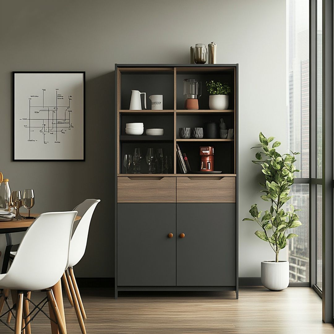 Grey and Wood Crockery Unit Design with Modern Pull-Out Drawers, Open ...