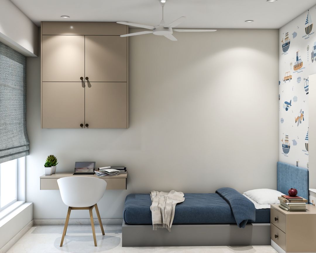 Kids Bedroom with Modern Study Desk, Blue Upholstered Bed and Wall ...