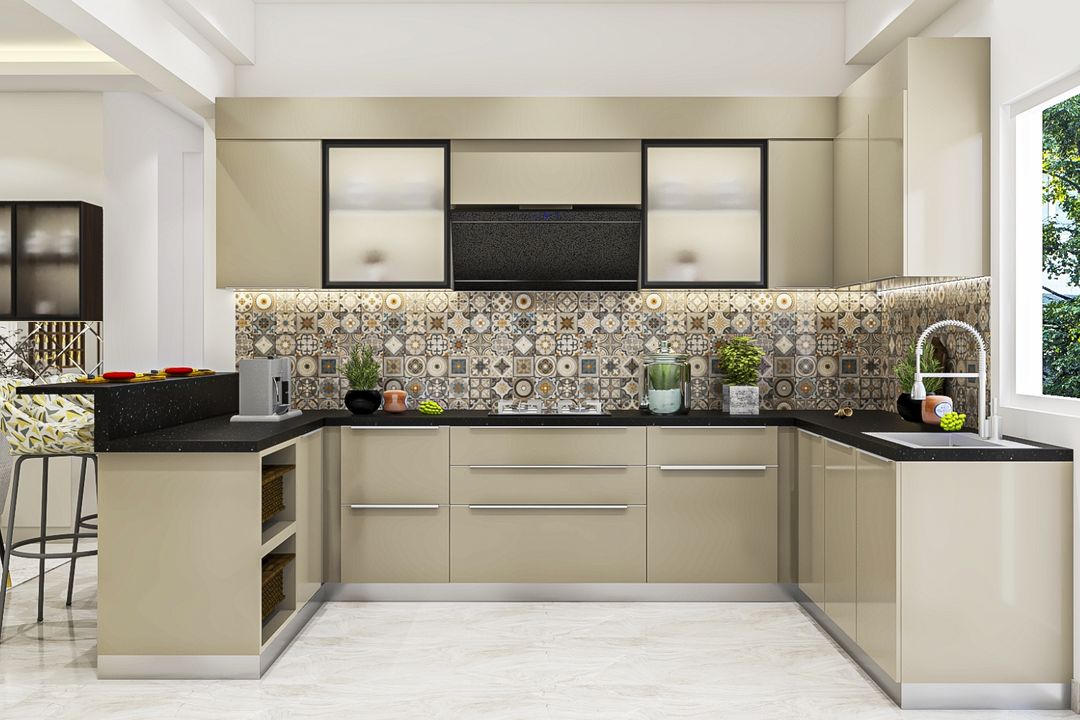 U-Shaped Irish Cream Modern Kitchen Design with Glossy Cabinets and ...