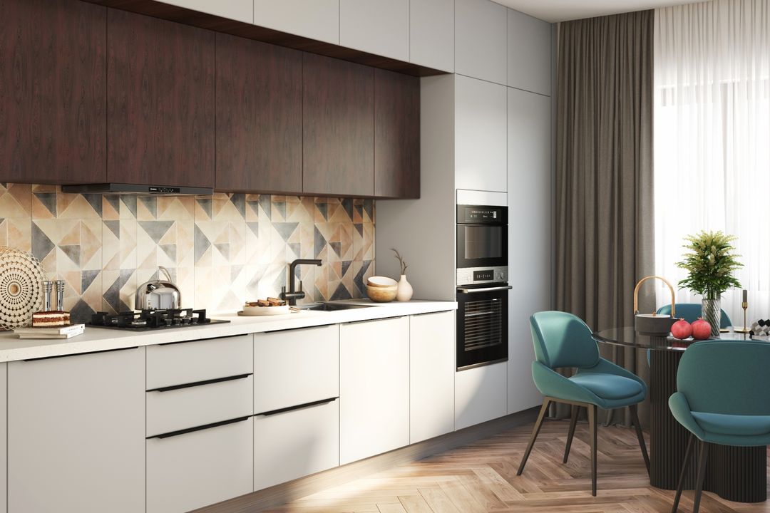 Open Kitchen Design with Modern Smoke Grey Base Units and Wooden Wall ...
