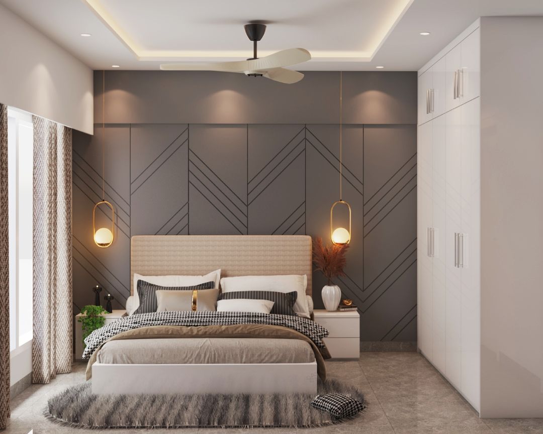 Master Bedroom Design with Modern Queen Bed, TV Unit and Gray Wall ...