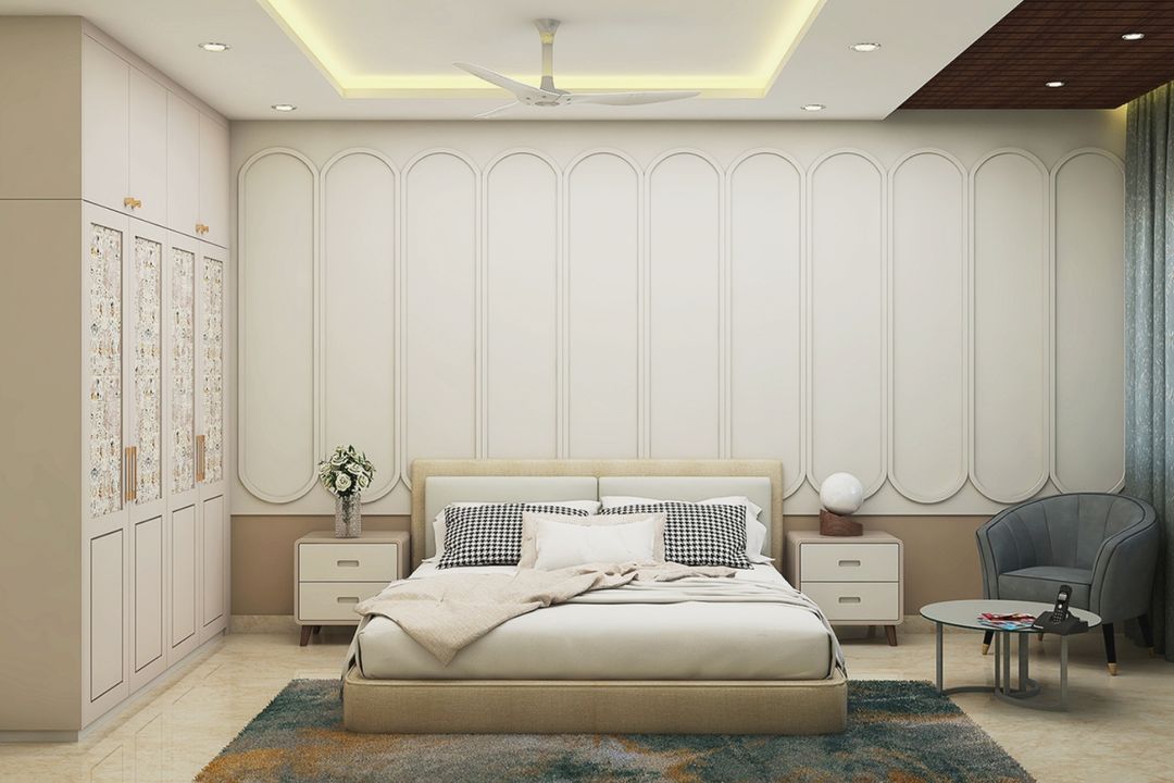Master Bedroom Design with Modern Beige Headboard Queen, Sofa, and ...