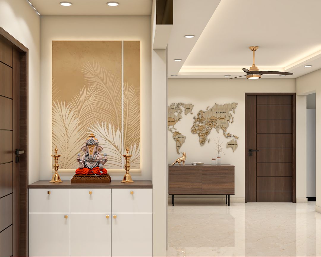 Pooja Unit Design with Contemporary Gold Brass Diyas, Ganesha Idol ...
