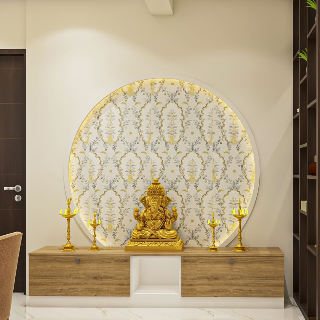 Pooja Unit Design with Modern Hidden Storage, Golden Ganesh Idol and ...