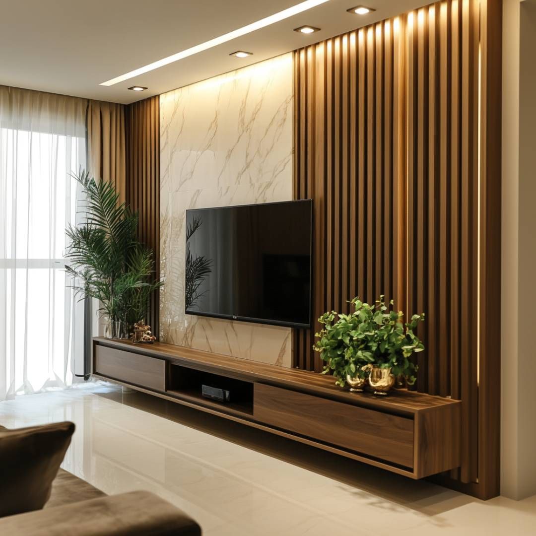 Contemporary Wooden TV Unit Design with Backlit Marble Panel, Vertical ...