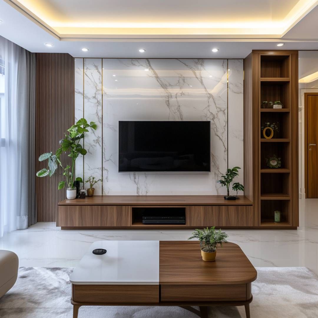 Walnut Bronze TV Unit Design with Contemporary Soft-Close Storage and ...