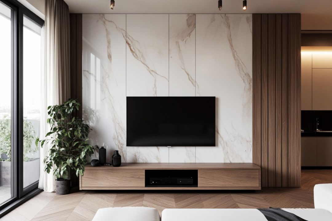 TV Unit Design with Contemporary Marble Backdrop and Drawers | Livspace