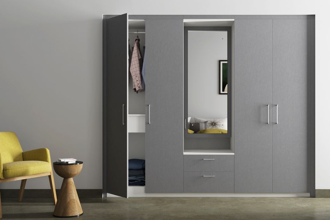 Silver 4-Door Modern Swing Wardrobe Design with Full-Length Mirror ...