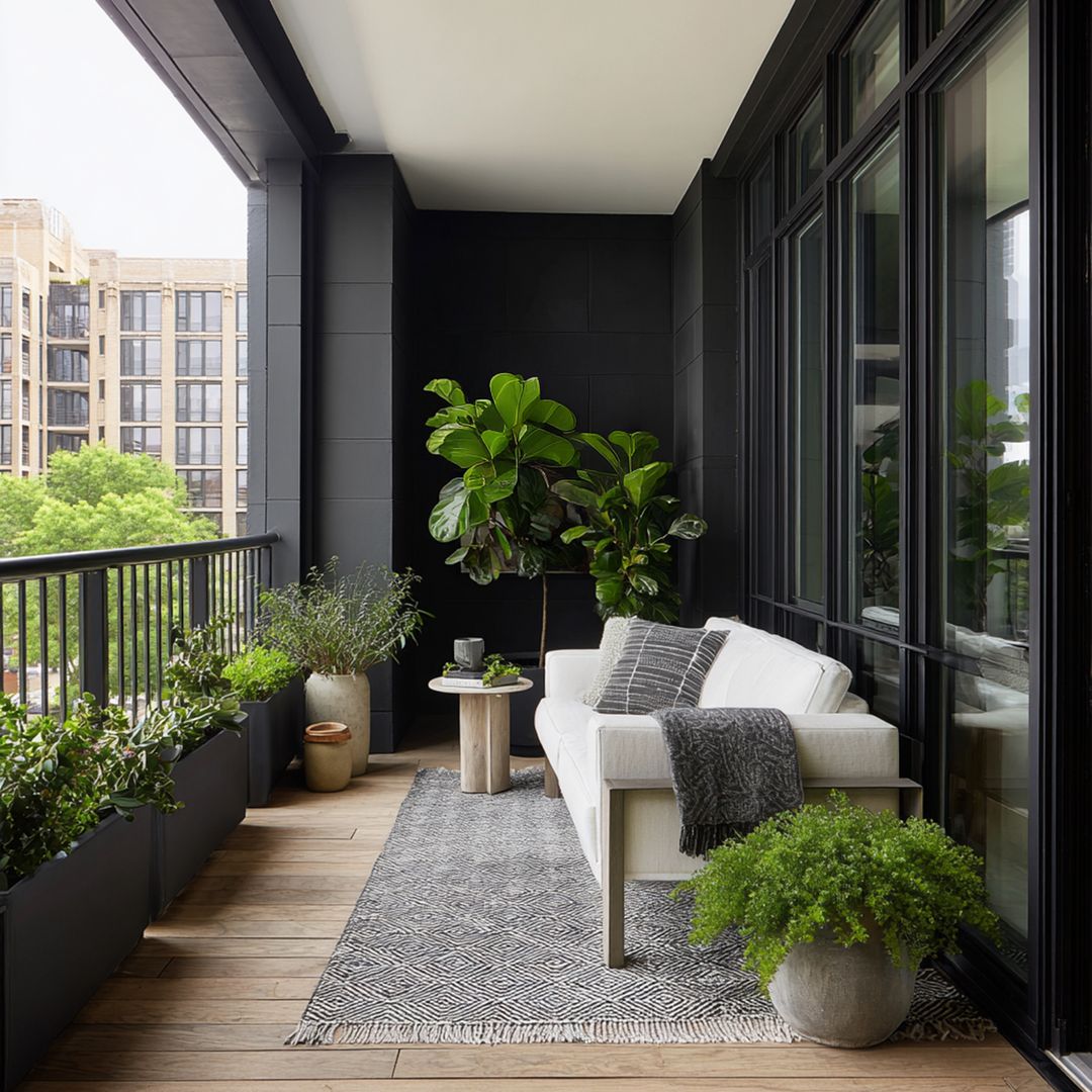 Balcony Design With Modern Black Cladding, Wood Tiles and Coffee Table ...