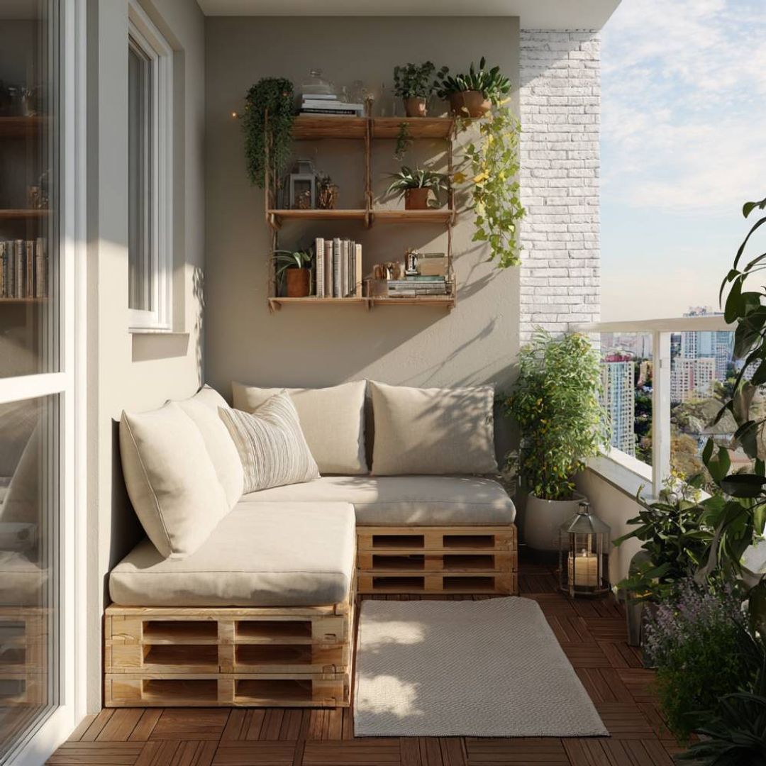 Scandinavian Balcony Design with Wicker Pod Chair and Beige Painted ...