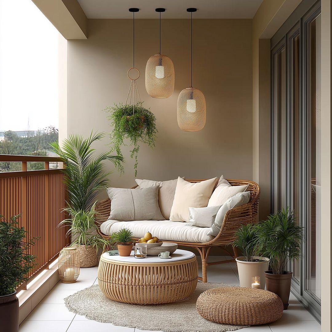 Scandinavian Balcony Design with Rattan Seating and Beige Accent Wall ...