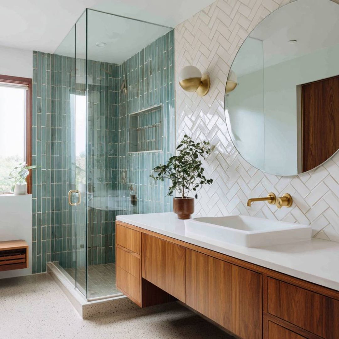 Modern Teal and White Tiles Bathroom Design With Glass Shower Enclosure ...