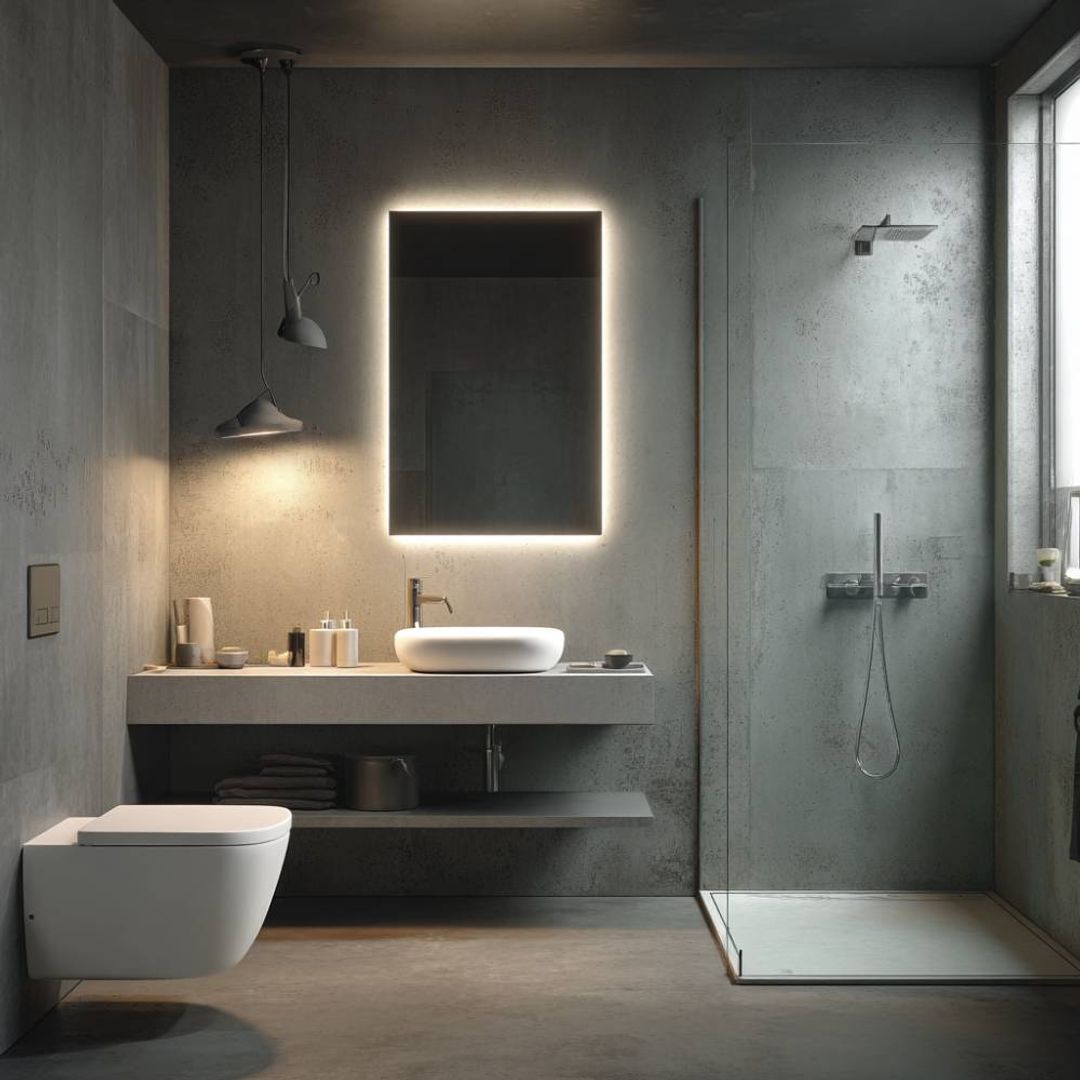 Minimal Bathroom Design with Grey Tiles and Floating Concrete Vanity ...