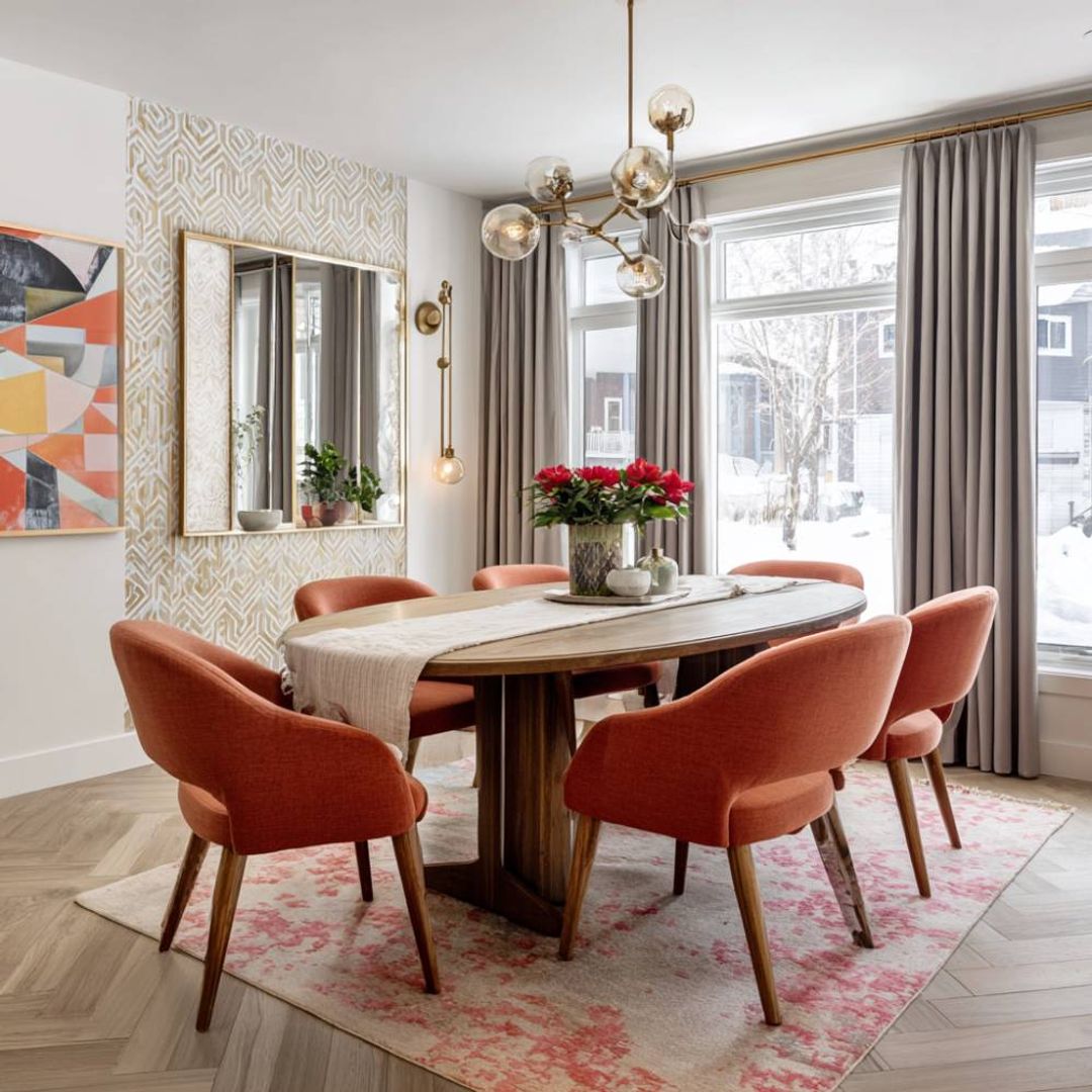 Modern Dining Room Design with Oval Table and Burnt Orange Chairs ...
