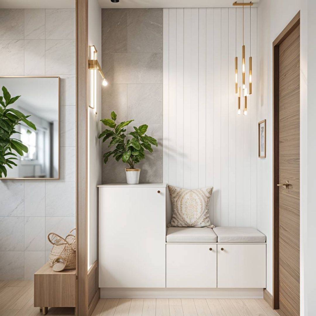 Modern White Compact Storage Foyer Design with Lift-Up Bench | Livspace