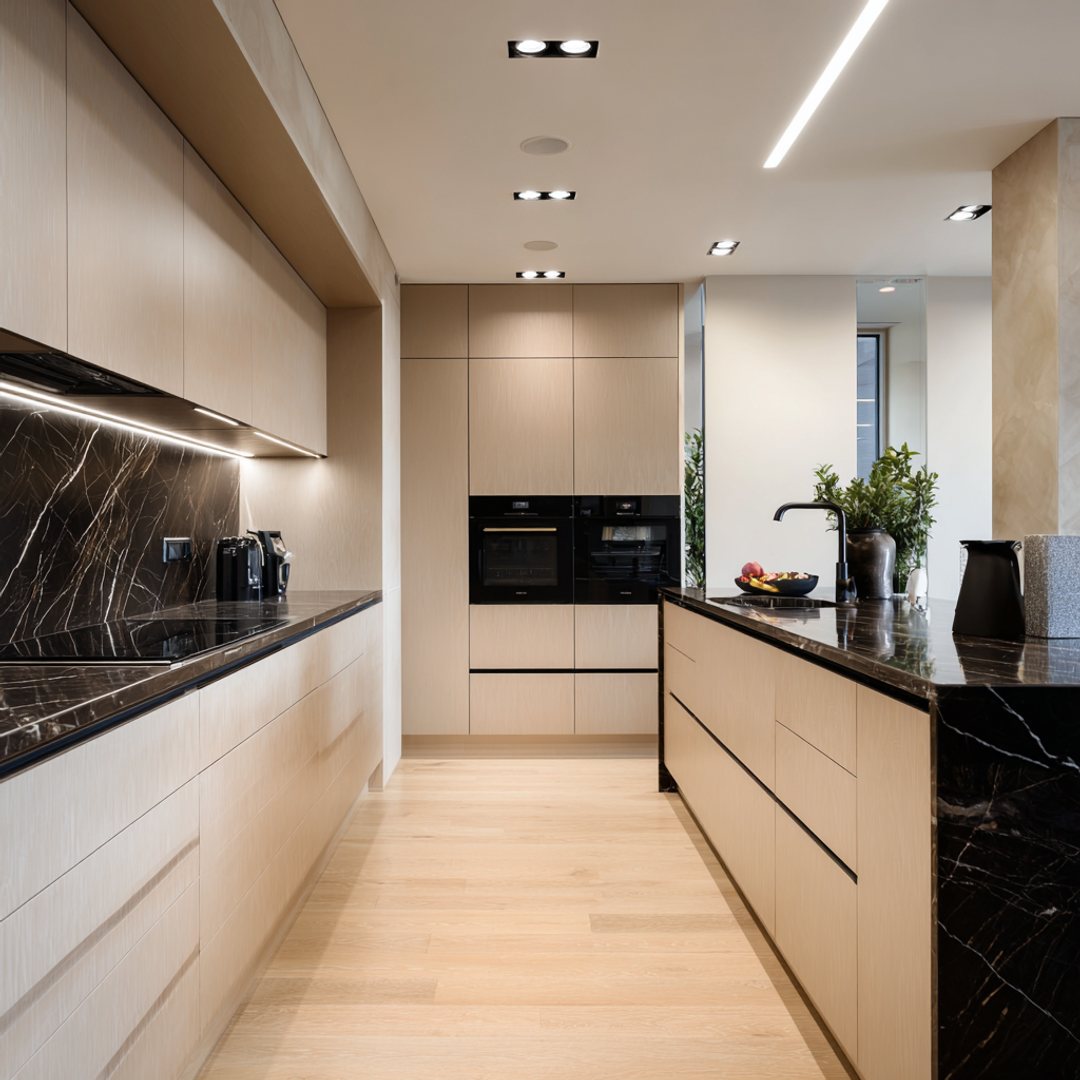 Modern Parallel Kitchen Design with Teak Units and Granite Countertop ...