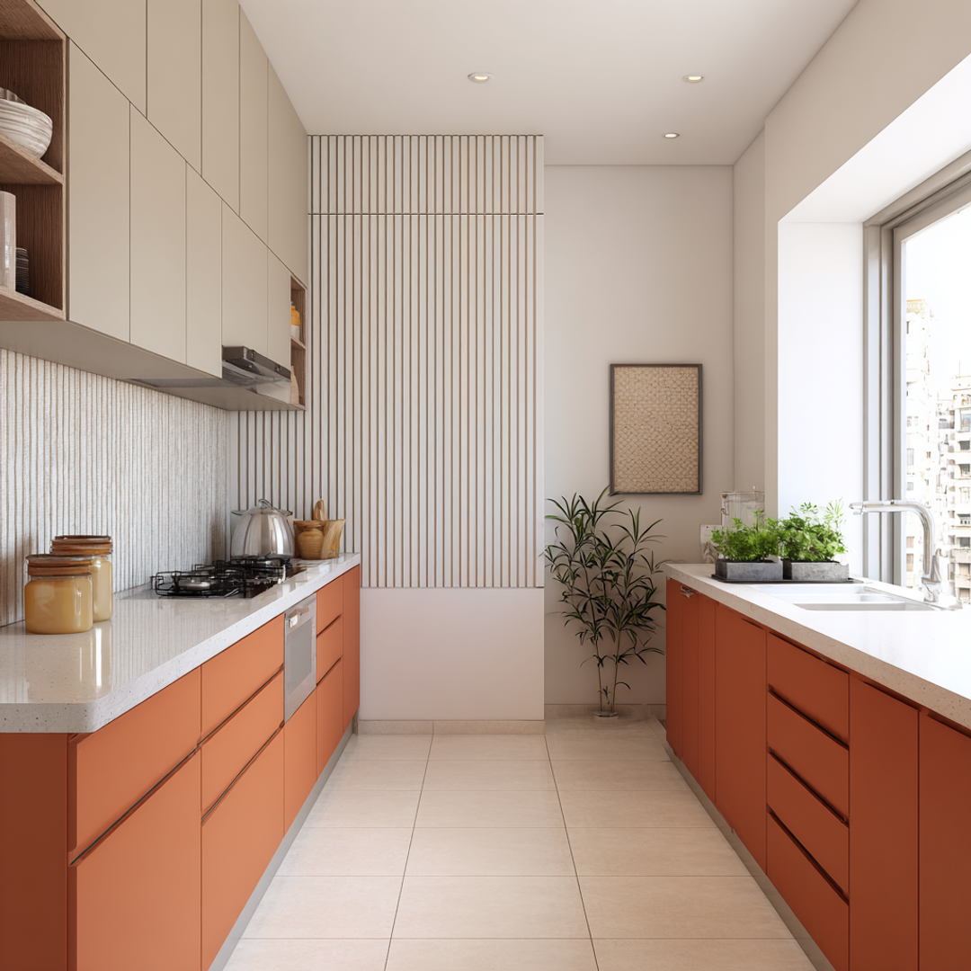 Modern Parallel Kitchen Design with Red and Irish Cream Cabinets and ...