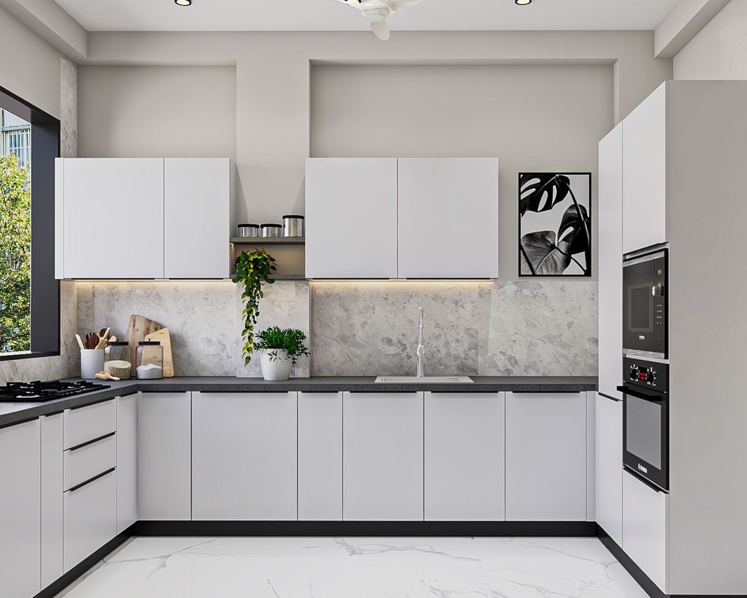 White U-Shaped Minimal Kitchen Design with Tall Integrated Pantry ...