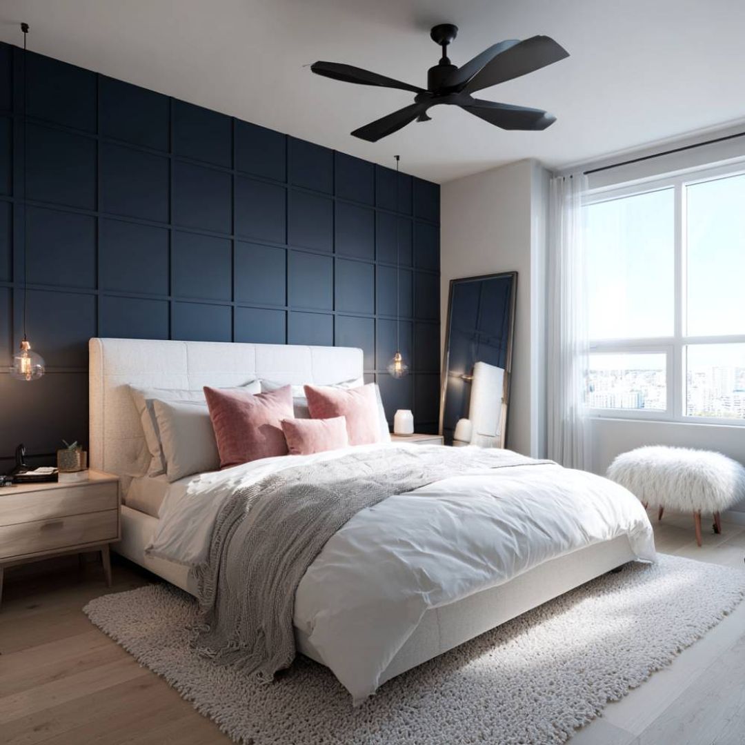Modern Navy Blue Bedroom Wall Paint Design with Grid Panels | Livspace