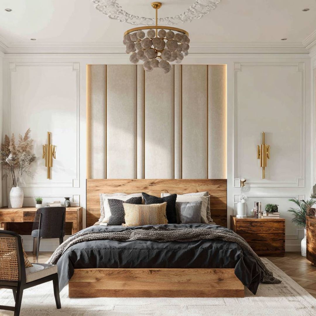 Contemporary Master Bedroom Design with Paneled Feature Wall | Livspace