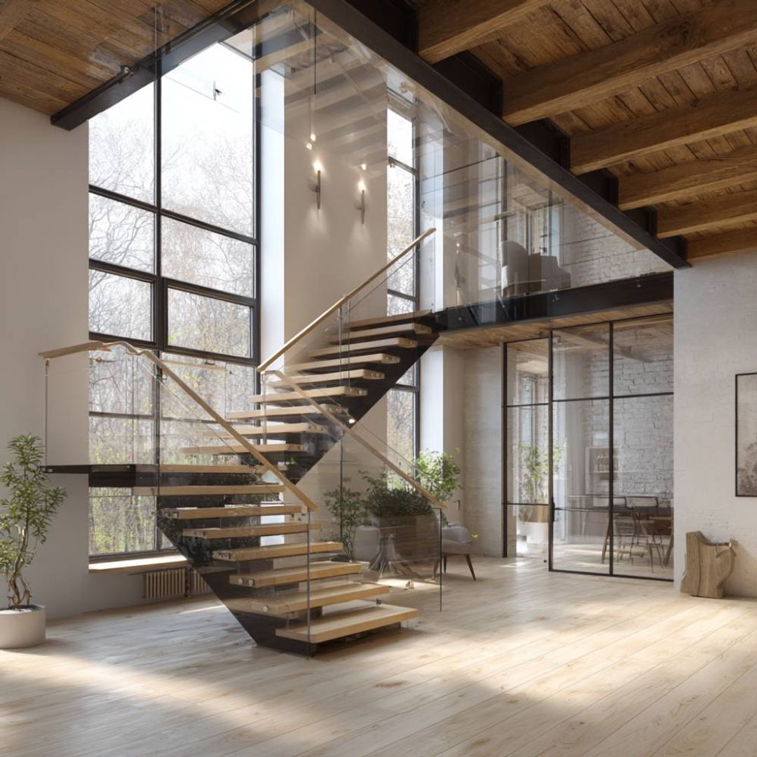 L-Shaped Modern Staircase Design with Wood Steps and Glass Railings ...