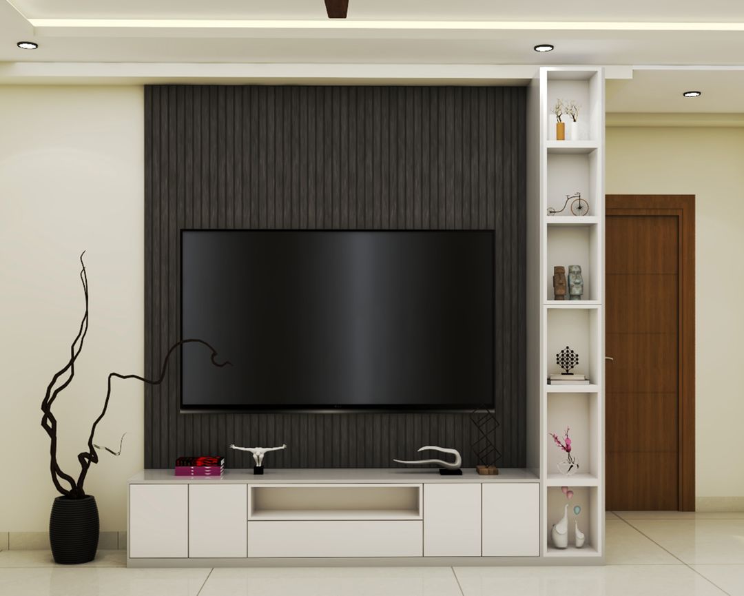 Contemporary White and Grey TV Unit Design with Paneled Backdrop and ...
