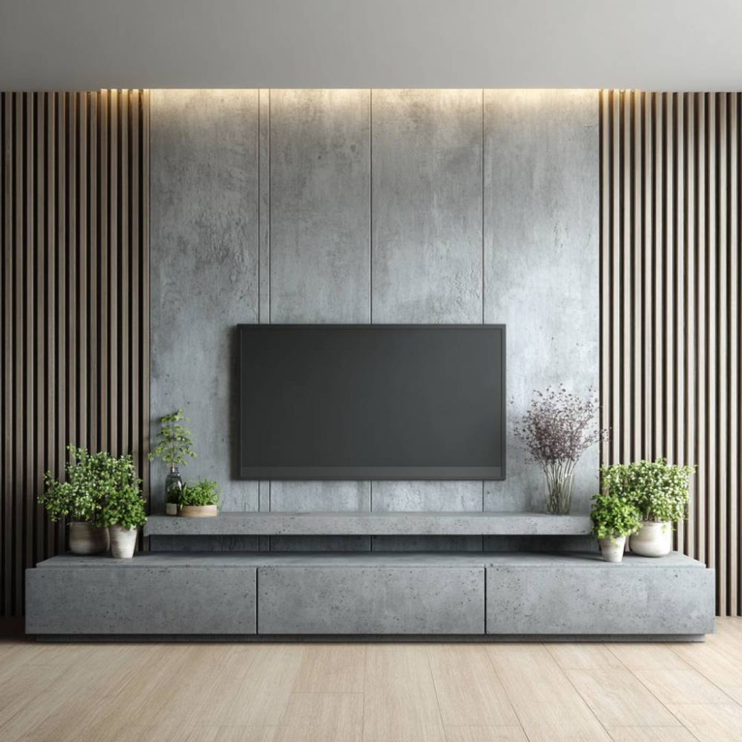 Modern Grey TV Unit Design with Concrete Finish Drawers and Tall ...