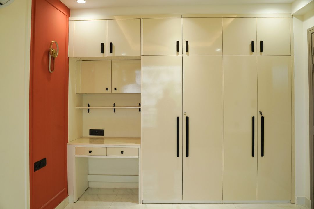 Modern Champagne Swing Wardrobe Design with Integrated Study Desk ...