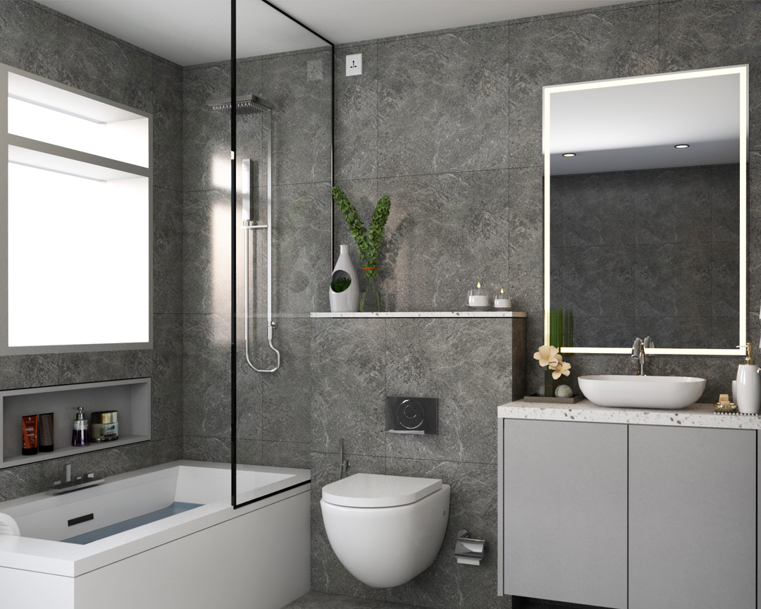 Modern Grey Bathroom Design With Stone Finish Wall | Livspace
