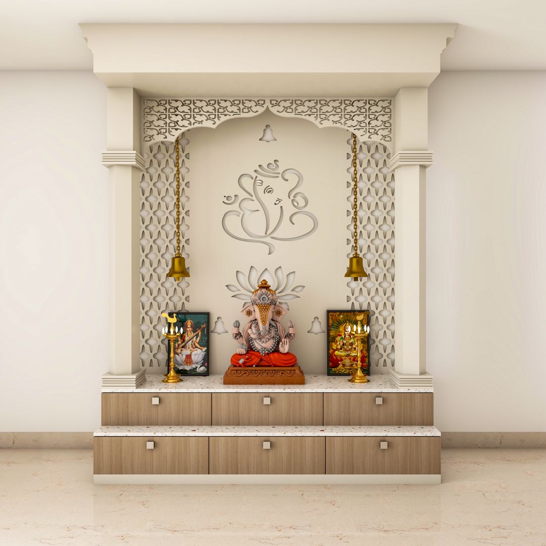 Traditional Pooja Room Design With Creamy White Mandir And Jaali ...