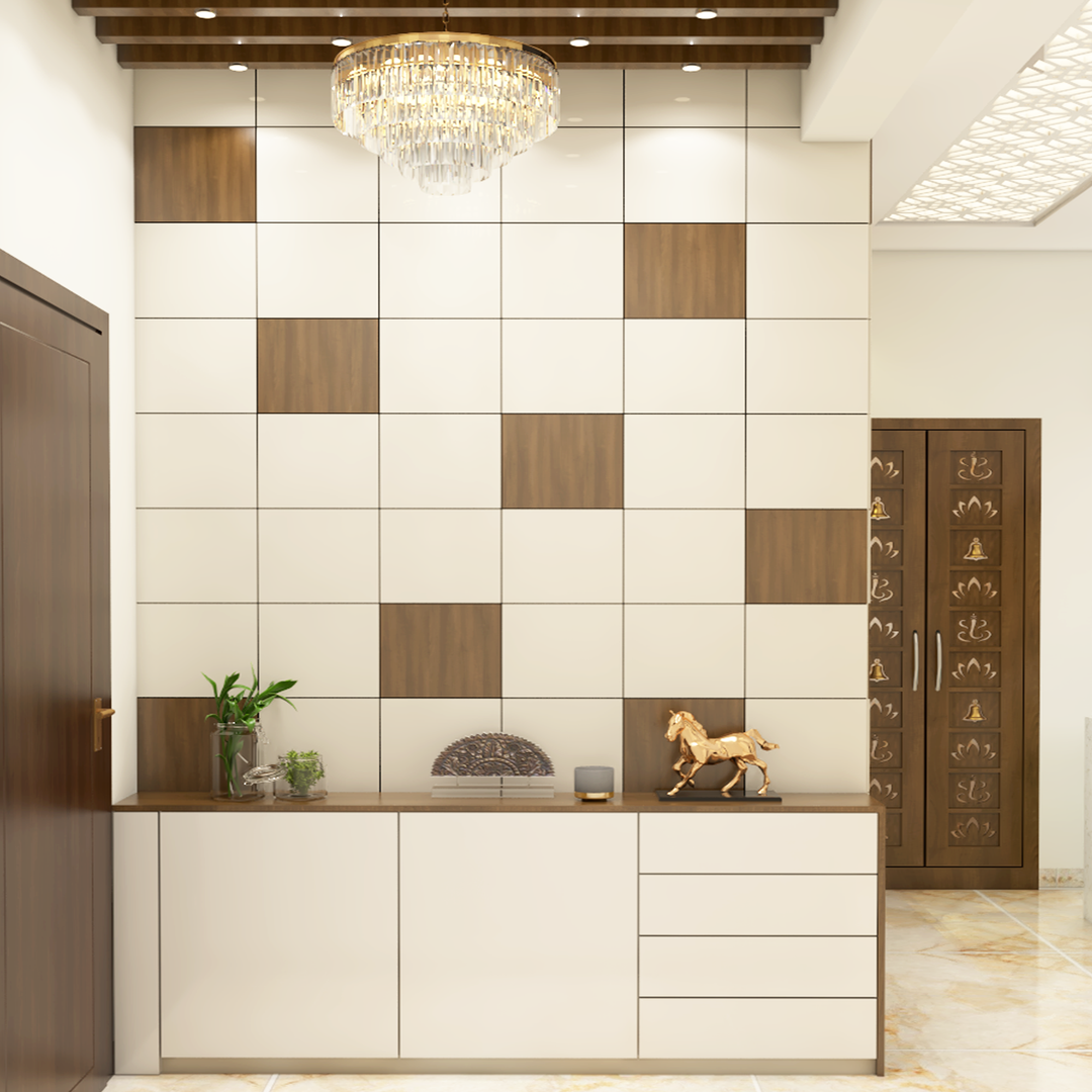 Foyer Wall Design With Wooden Panelling | Livspace