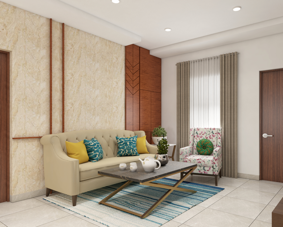 Contemporary Living Room Design With Wooden Panels And Marble Backdrop ...