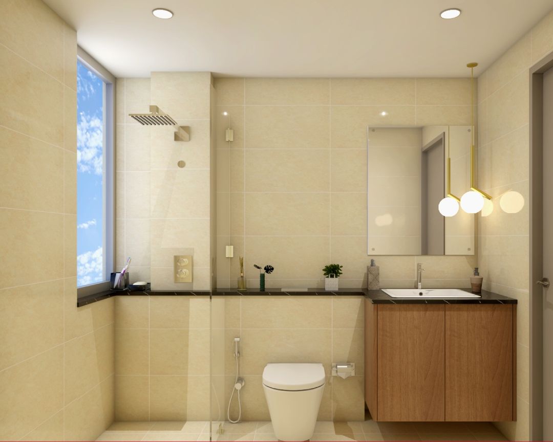 Spacious Beige Bathroom Design With Brown Vanity Unit And Black Countertop - 8X5 Ft | Livspace