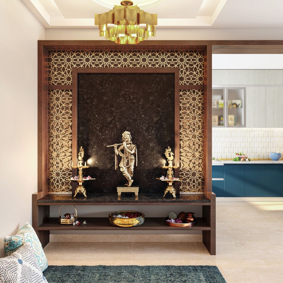 Compact Brown Floor-Mounted Mandir Design - 7X9 Ft | Livspace
