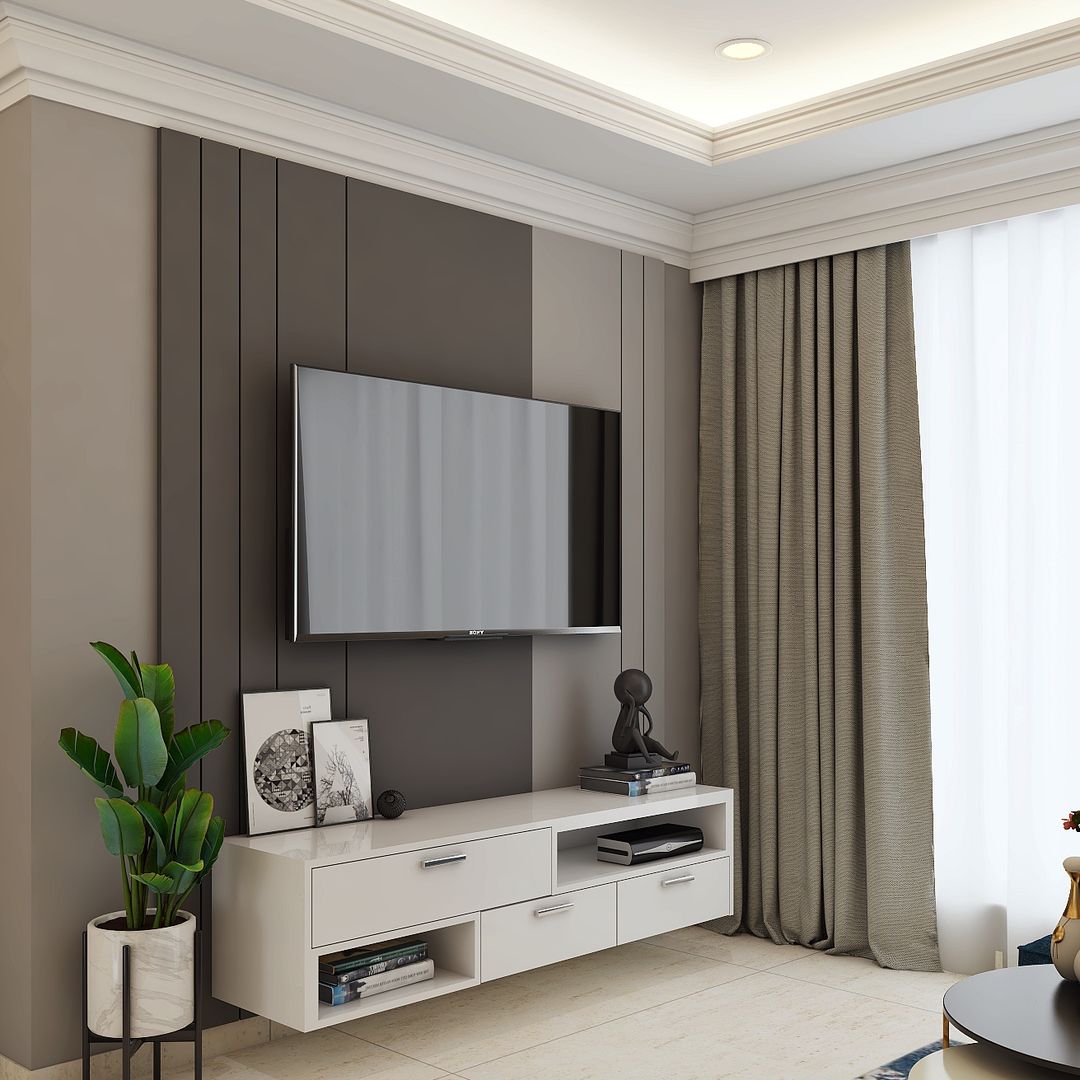 White Wall-Mounted TV Unit With Drawers | Livspace