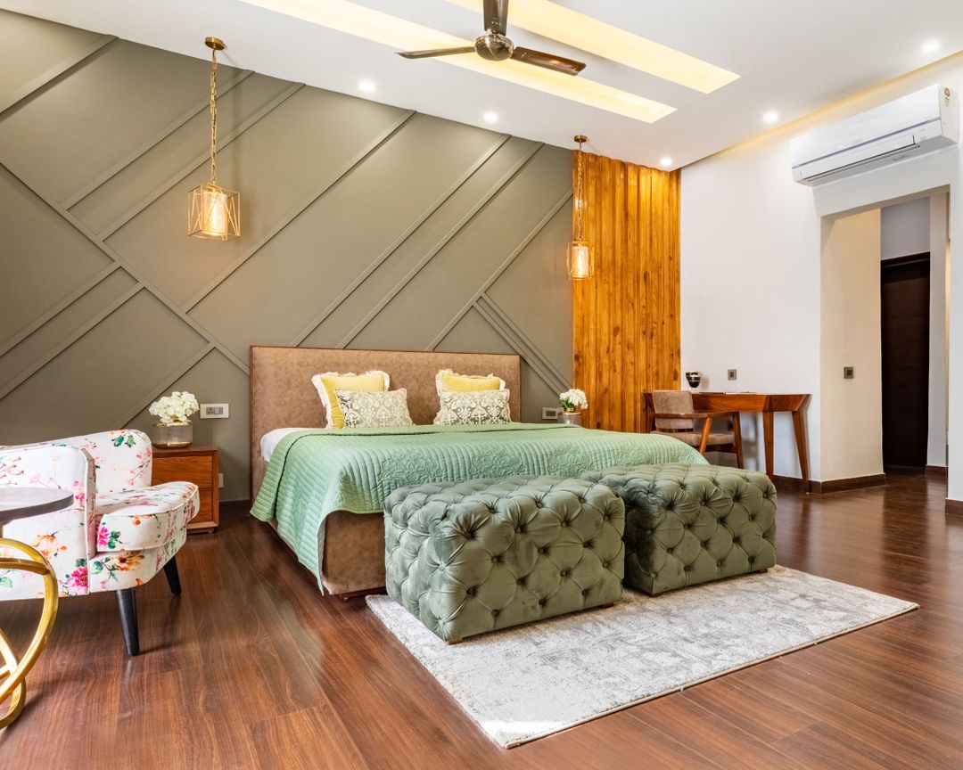 Green Contemporary Bedroom Wall Paint Design | Livspace