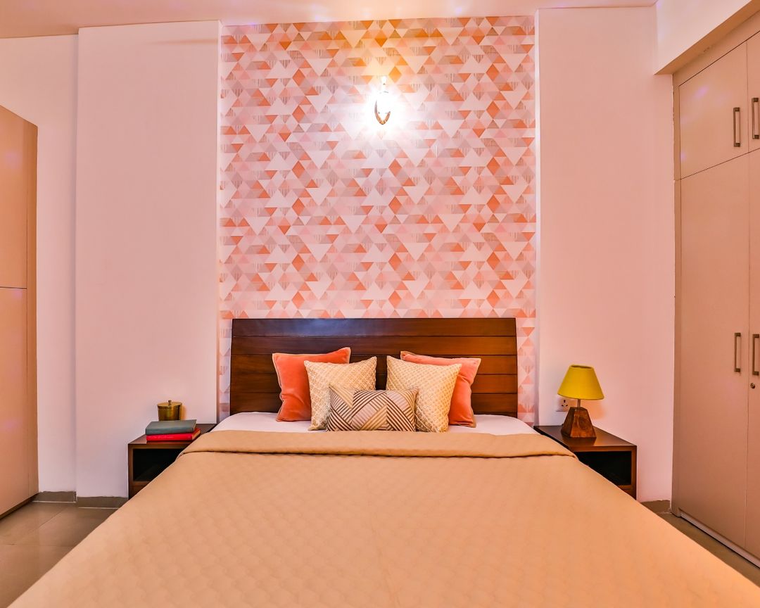 Orange, White, And Grey Wallpaper For Bedroom | Livspace