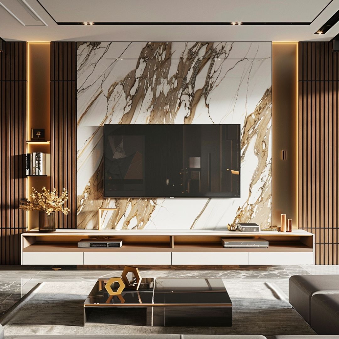 "Modern TV Unit Design: Open Wall Shelf & Wood and Marble Backpanel ...