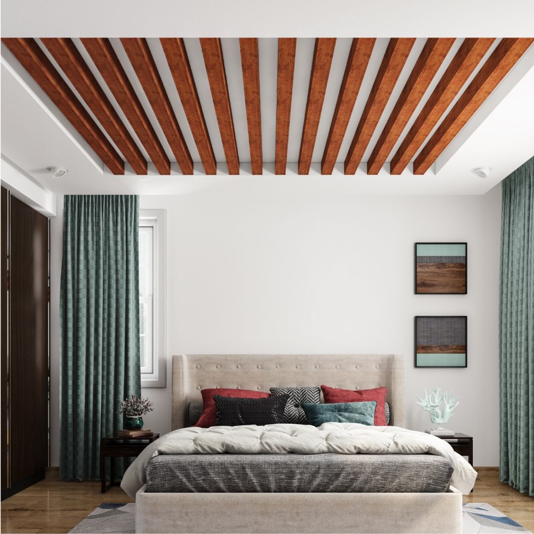 Contemporary Gypsum and Wood Peripheral False Ceiling Design with Spotlights | Livspace