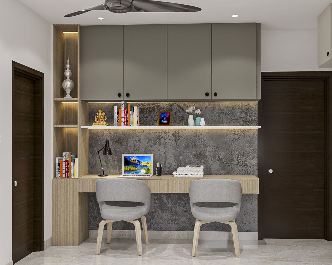 Wood And Grey Home Office Design For Two With Grey Textured Wall | Livspace
