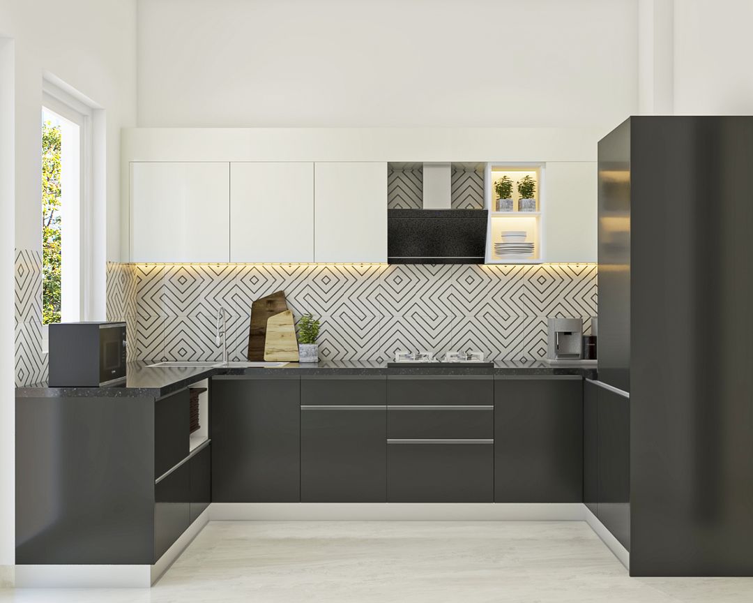 Small Family Modern U-Shaped Kitchen Design: Slate & White With Granite Top | Livspace