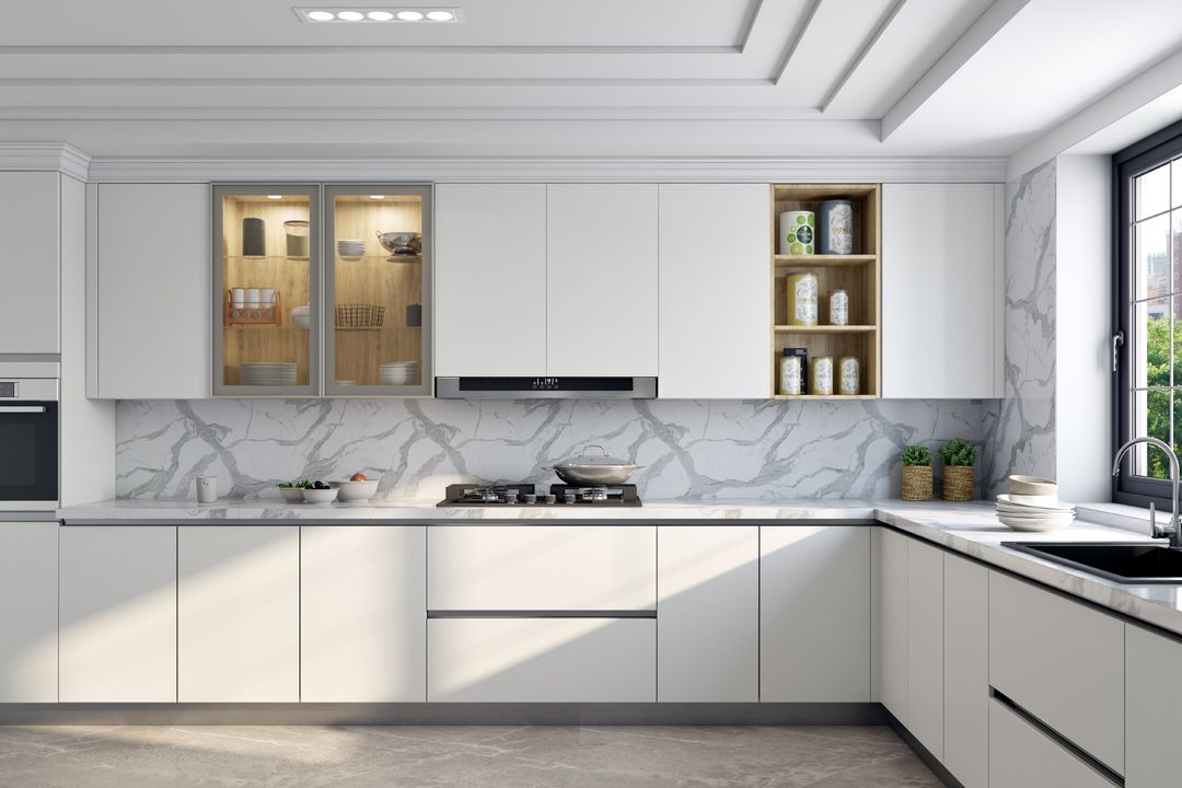 Modern L-Shaped Frosty White Kitchen Design with Marble Backsplash | Livspace