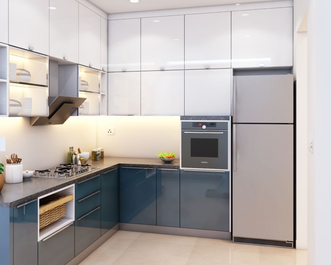 Blue And White Glossy L-Shaped Modular Kitchen | Livspace