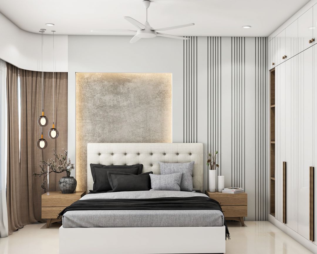 Elegant Master Bedroom Design with Grooved Wall Panels, and Pendant ...
