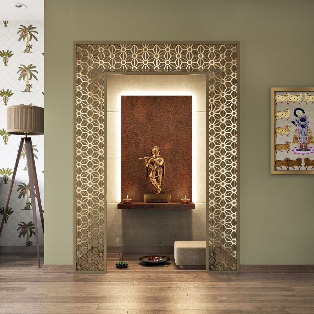 Compact Modern Pooja Unit: Profile Lighting and Brown and Golden Wall ...
