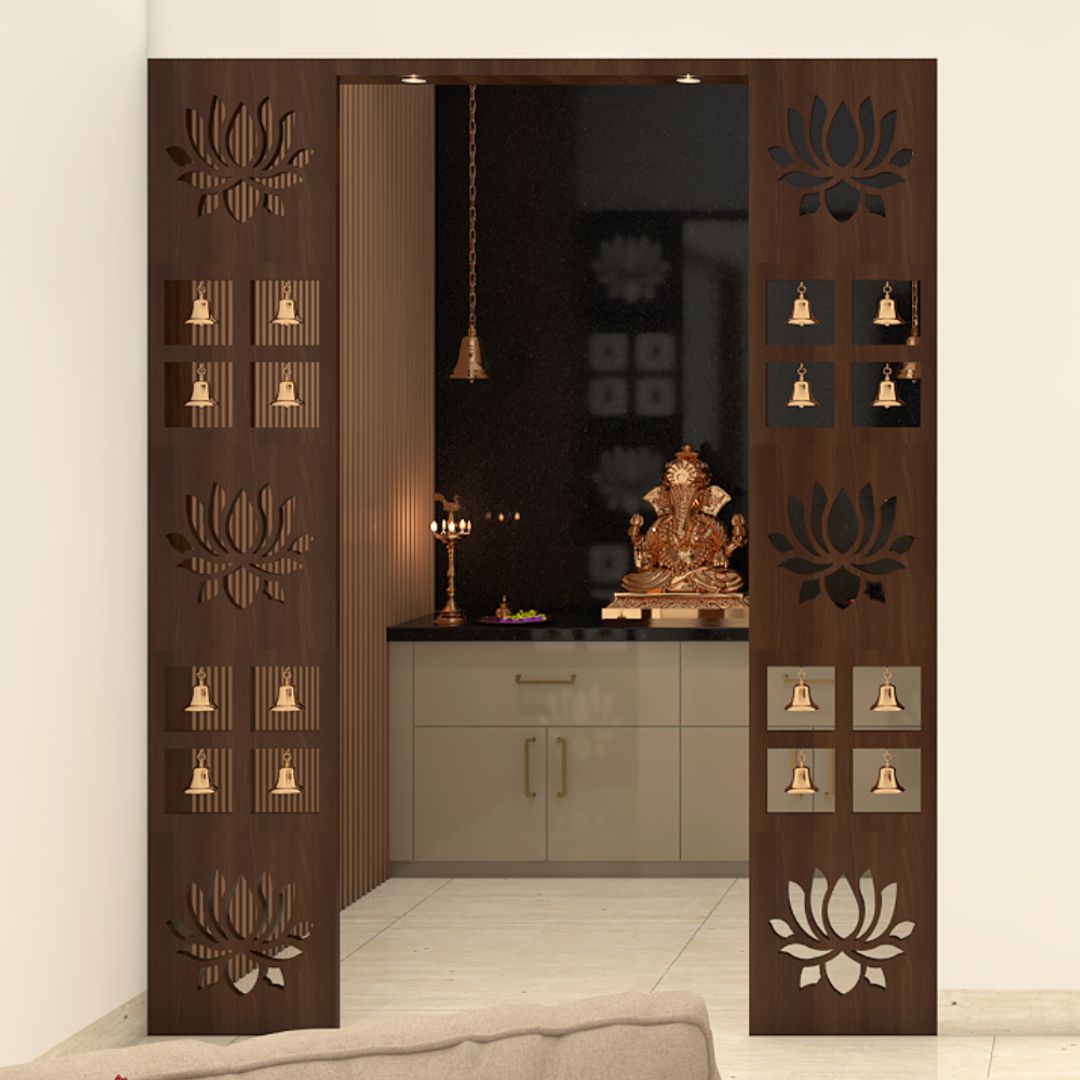 Spacious Grey And Black Pooja Room Design With Wooden Doors And Fluted ...